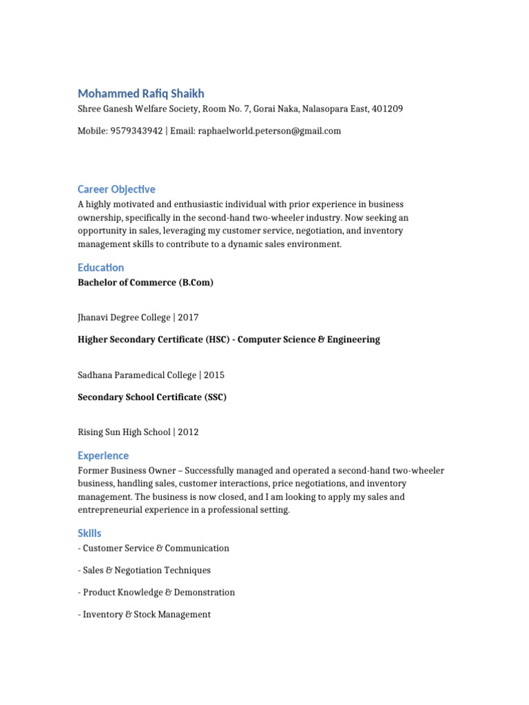 Mohammed Rafiq Shaikh Sales Resume Two Wheeler Business | PDF