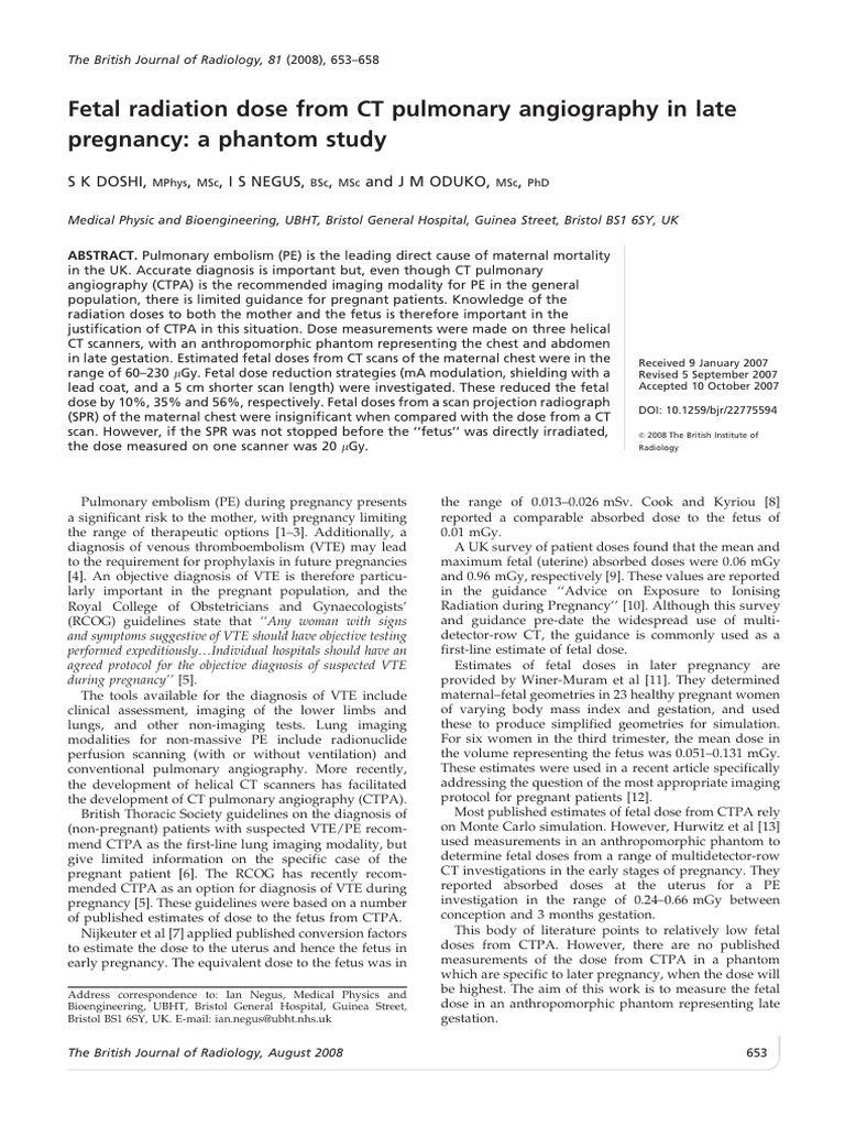 Fetal Radiation Dose From CT Pulmonary Angiography in Late Pregnancy ...