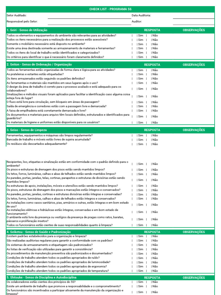 Checklist de Auditoria 5S para Empresas | PDF | Desperdício