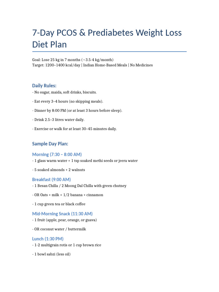 7-Day PCOS Weight Loss Diet Plan | PDF