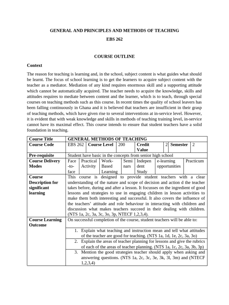General Principles & Methods - Course Outline | PDF | Teachers | Learning
