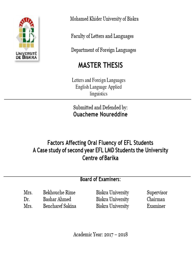 Thesis Factors Affecting Oral Fluency of EFL Students | PDF | Fluency | English As A Second Or ...