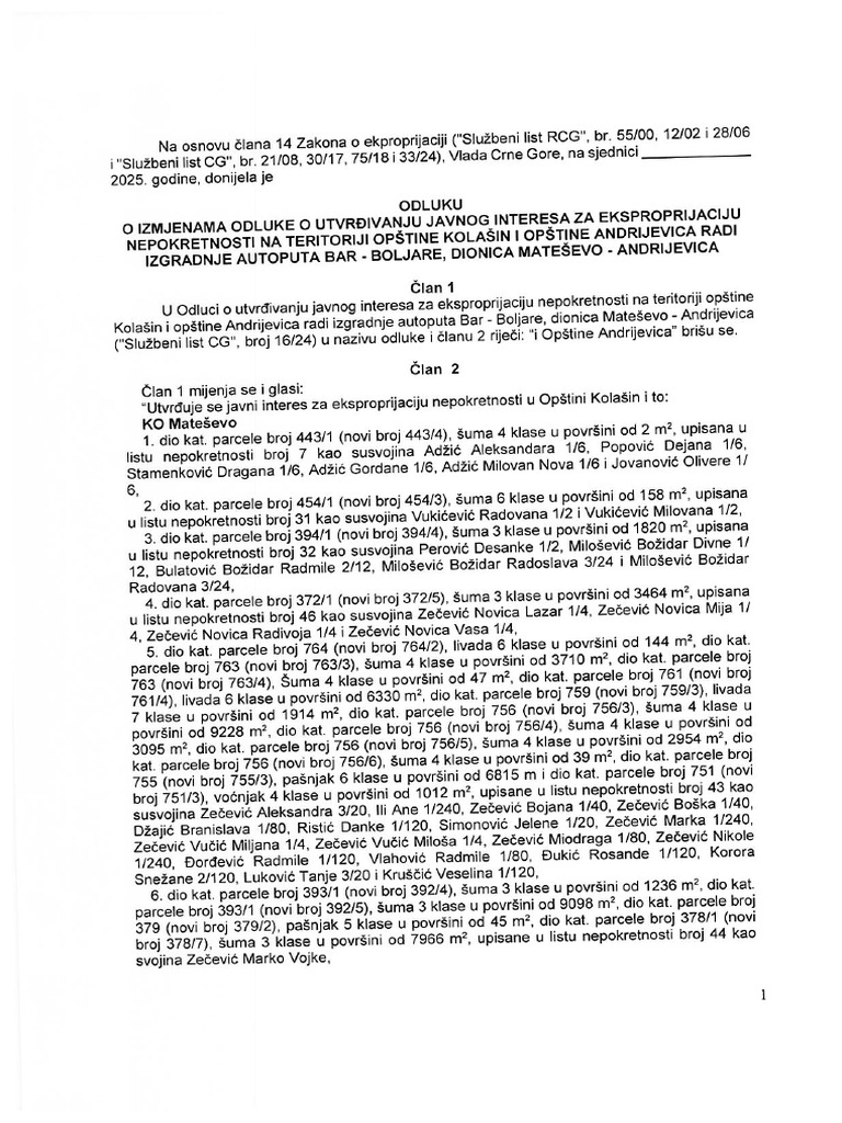 Predlog Odluke o Izmjenama Odluke o Utvrdivanju Javnog Interesa Za Eksproprijaciju Nepokretnosti ...