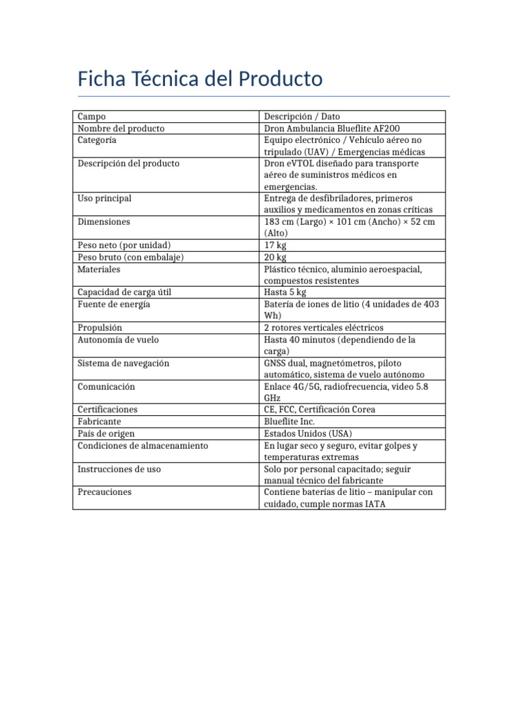 Ficha Tecnica Dron Blueflite AF200 | PDF