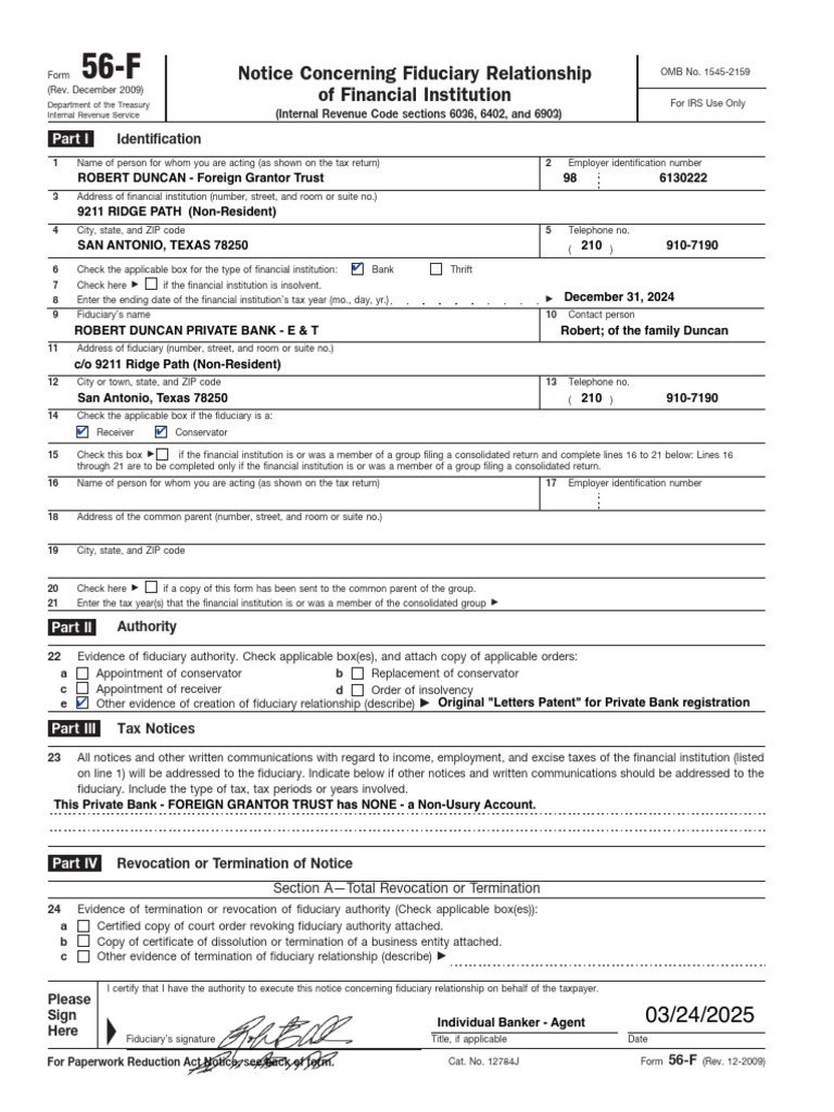 Form 56-F (Rev. December 2009) | PDF | Internal Revenue Service | Taxes