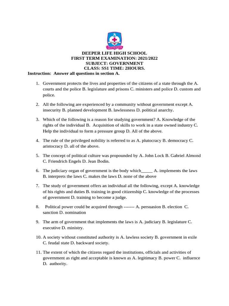 SS1 Government Exam Questions 2021/22 | PDF | Socialism | Fascism