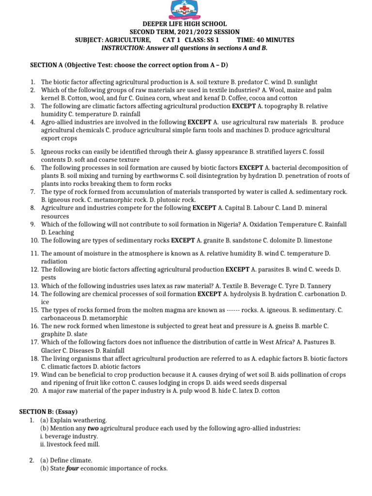 Objective Questions on Agriculture SS1 | PDF | Rock (Geology) | Soil