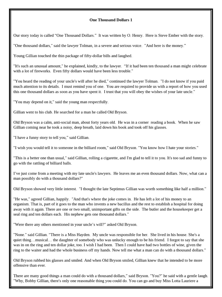 One Thousand Dollars (By O. Henry) | PDF