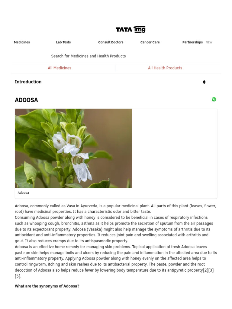Adoosa - Benefits, Precautions and Dosage | PDF | Cough | Ayurveda
