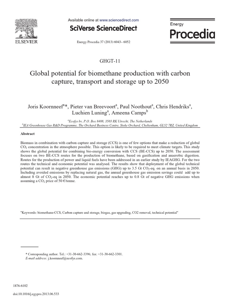 Global Potential For Biomethane Production With Carbon Capture, Transport and Storage Up To 2050 ...