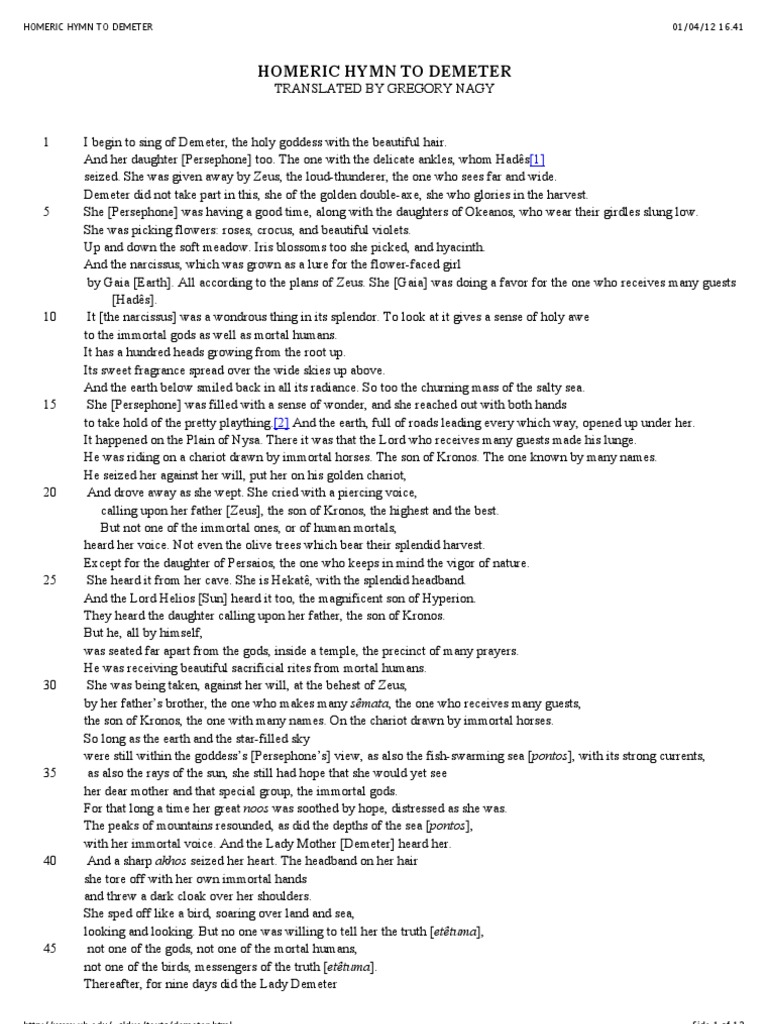 Homeric Hymn to Demeter Text | PDF | Hades | Persephone