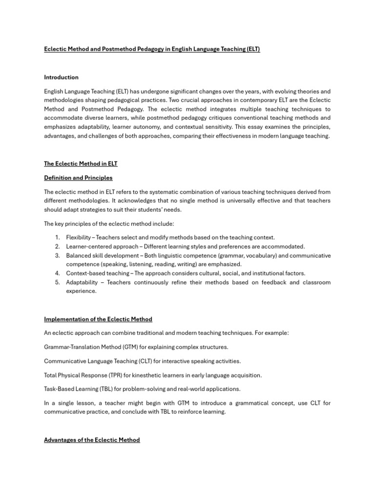 Eclectic and Post Method Pedagogy in Elt Seminar 1 | PDF | Pedagogy | Language Education