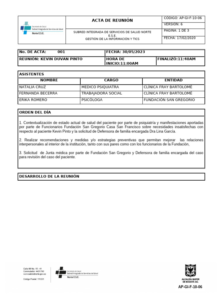 Acta Kevin Pinto | PDF | Trabajo Social | Medicina