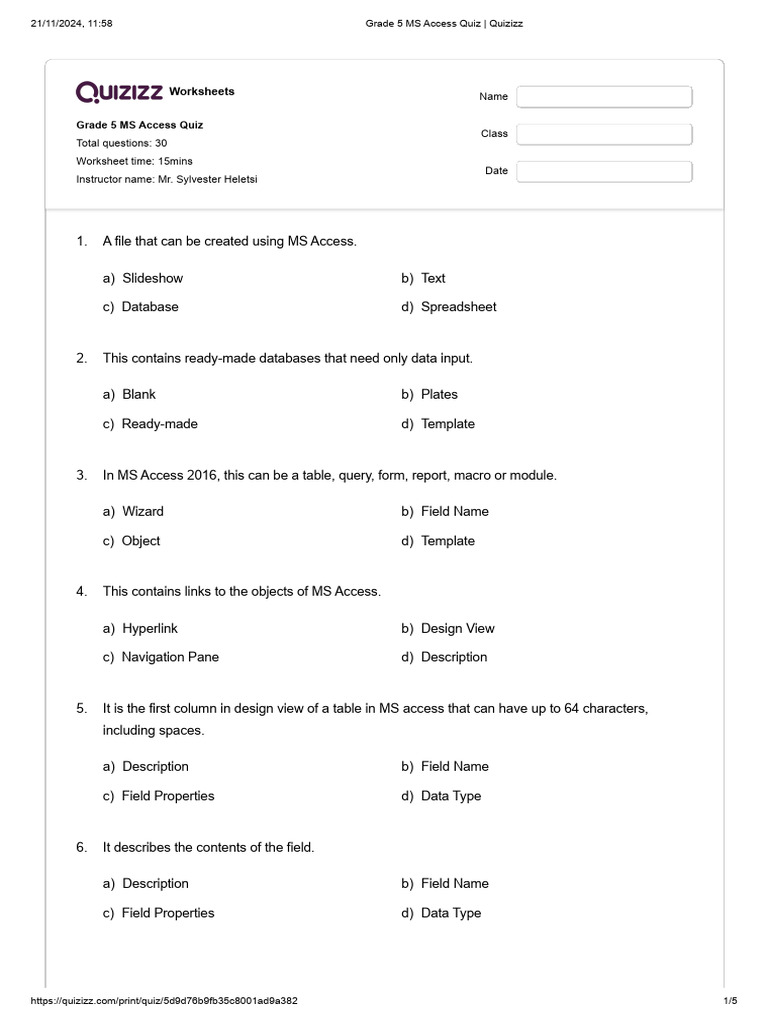 Grade 5 MS Access Quiz Worksheet | PDF | Microsoft Access | Data Type
