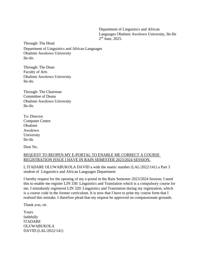 Department of Linguistics and African Languages Obafemi Awolowo University | PDF