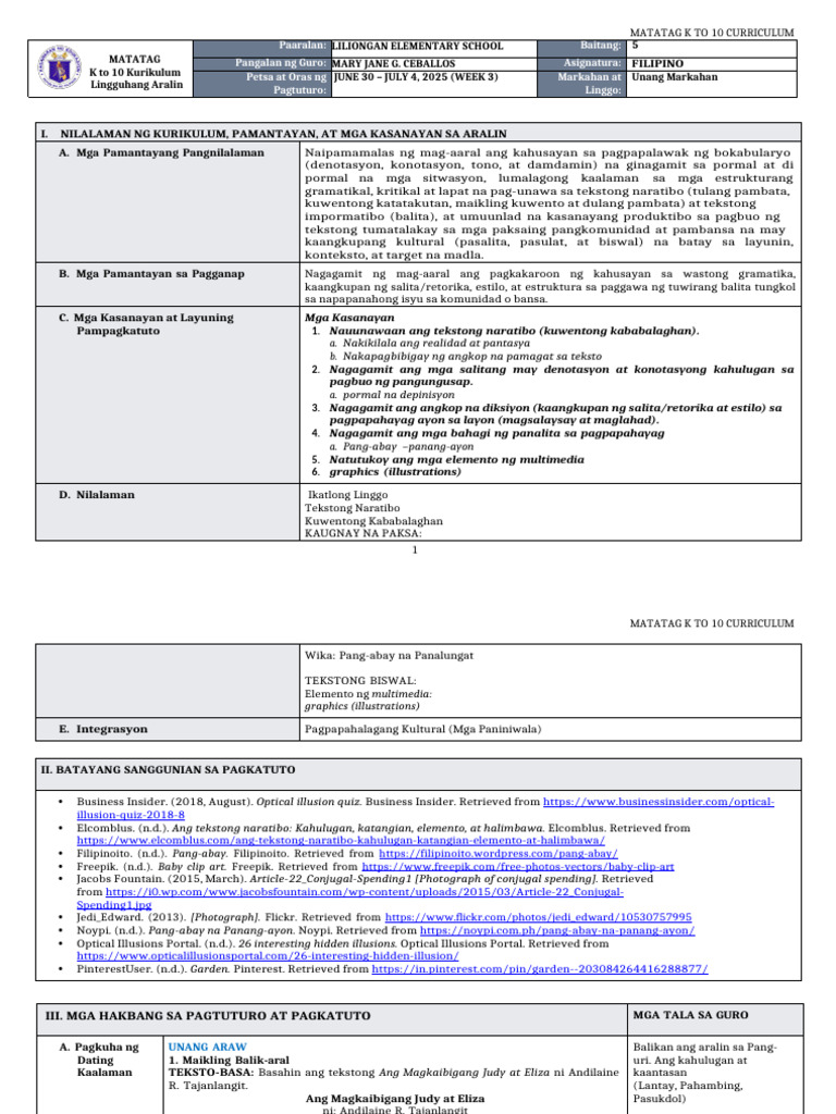 DLL Matatag - Filipino 5 q1 w3 | PDF