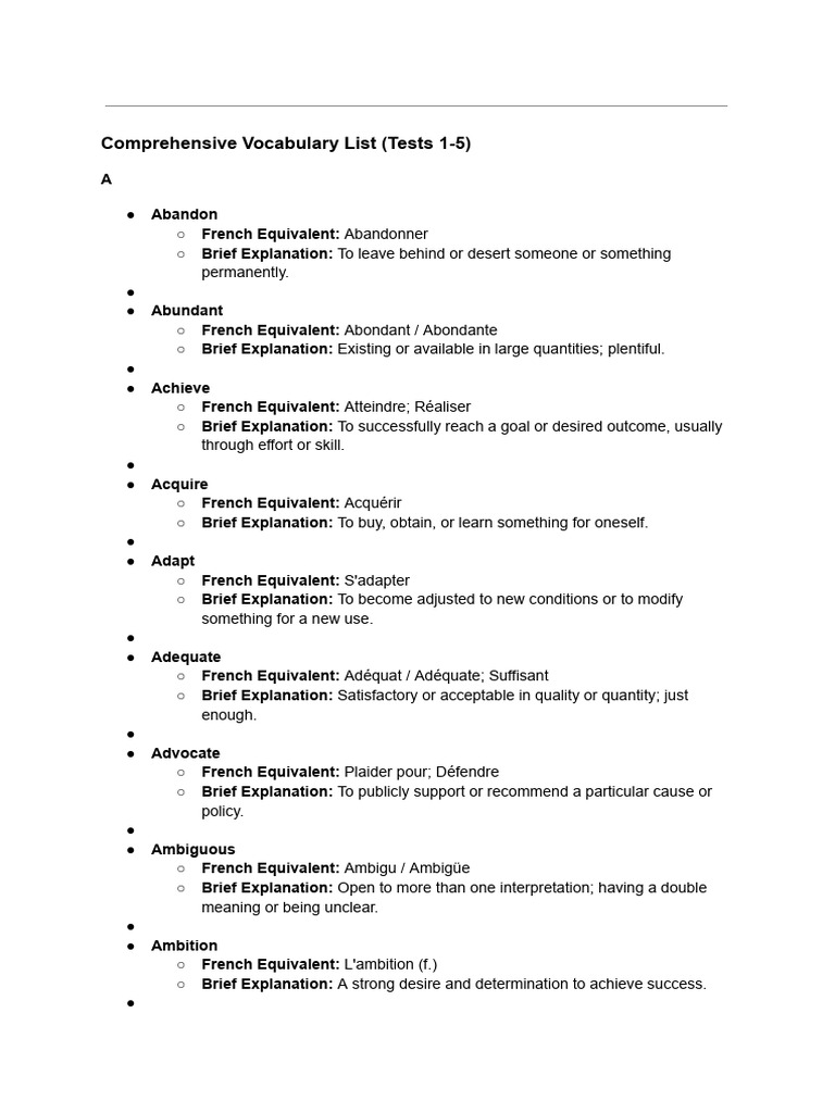 Comprehensive Vocabulary List (Tests 1-5) - 1 | PDF