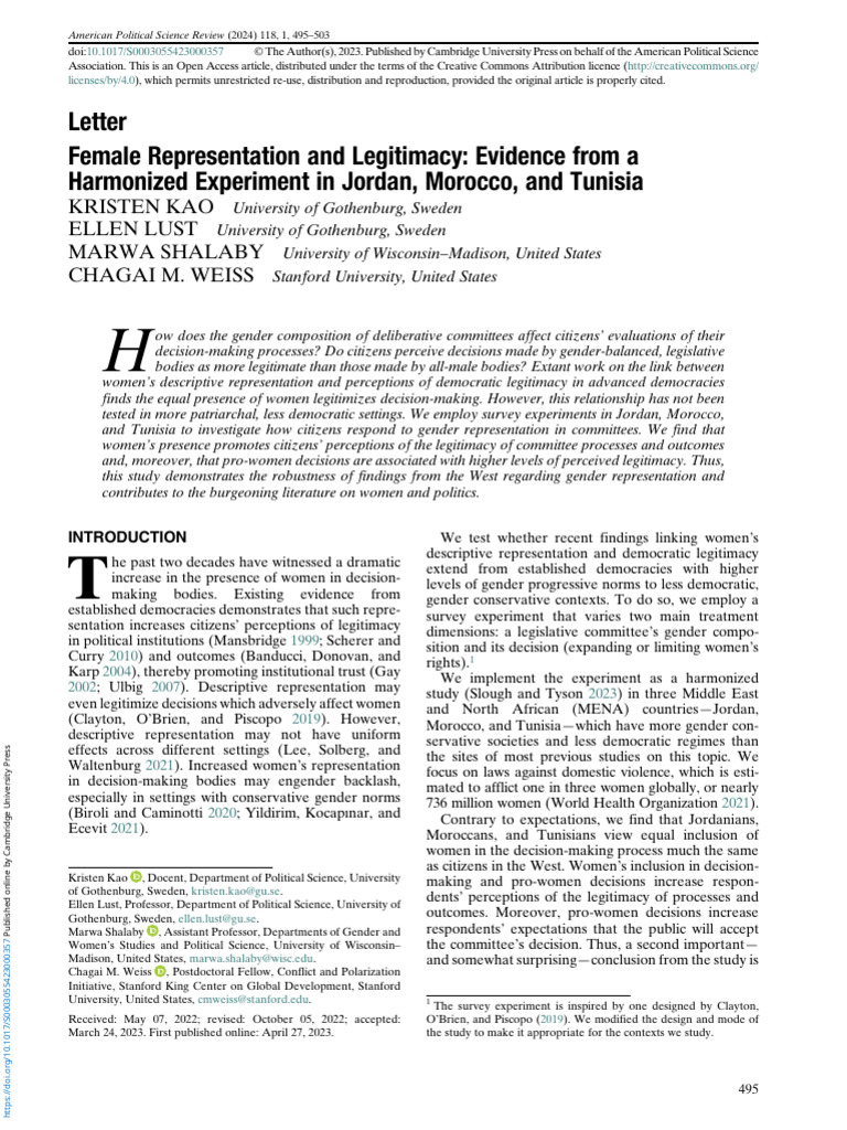 Female Representation and Legitimacy Evidence From A Harmonized ...