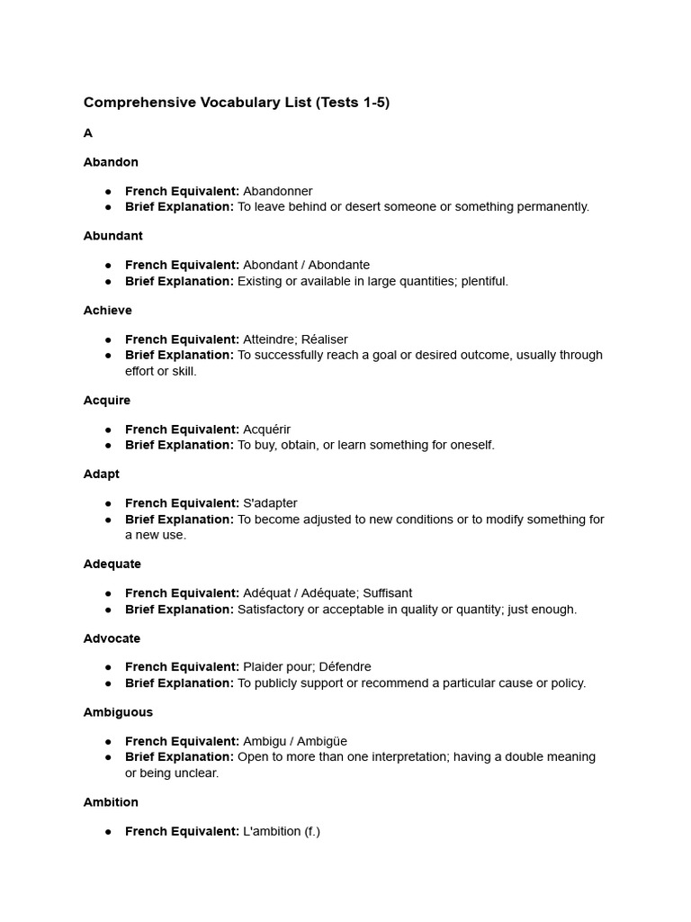 Comprehensive Vocabulary List (Tests 1-5) | PDF | Cognitive Science ...