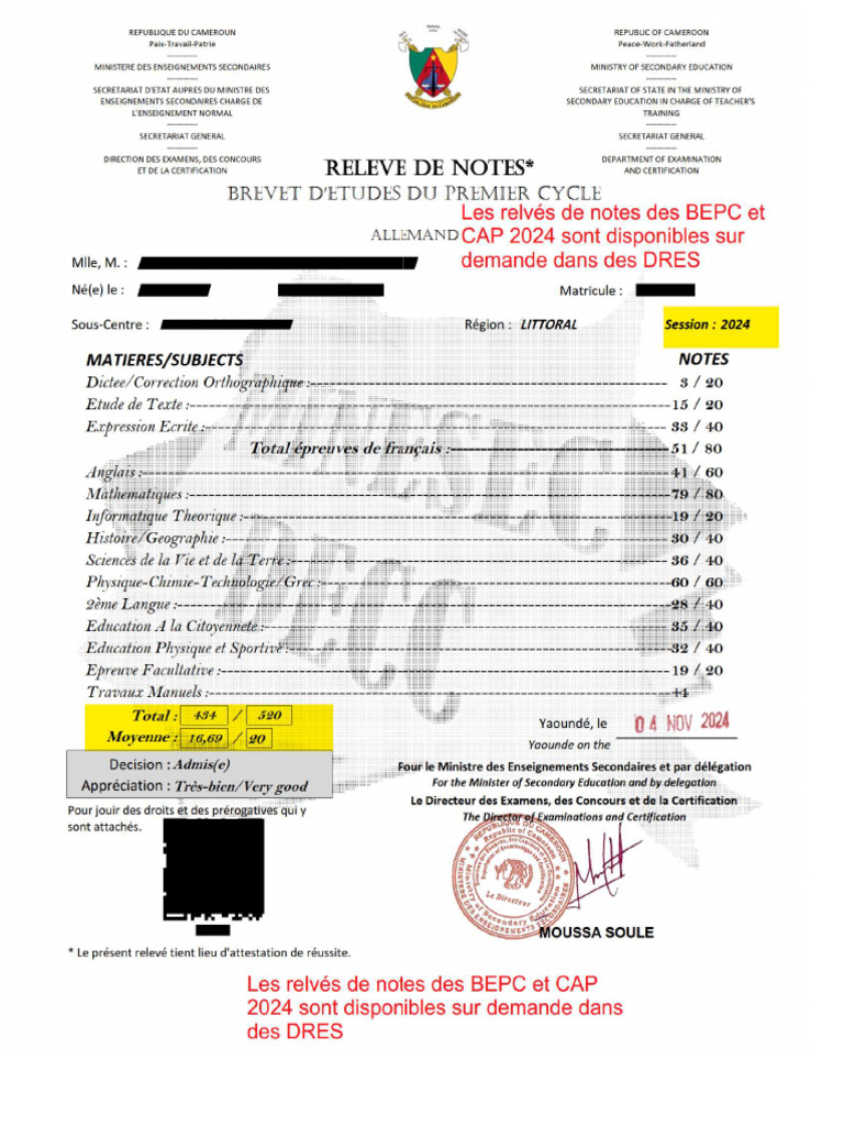 Relevé de notes BEPC en ligne 2024 | PDF