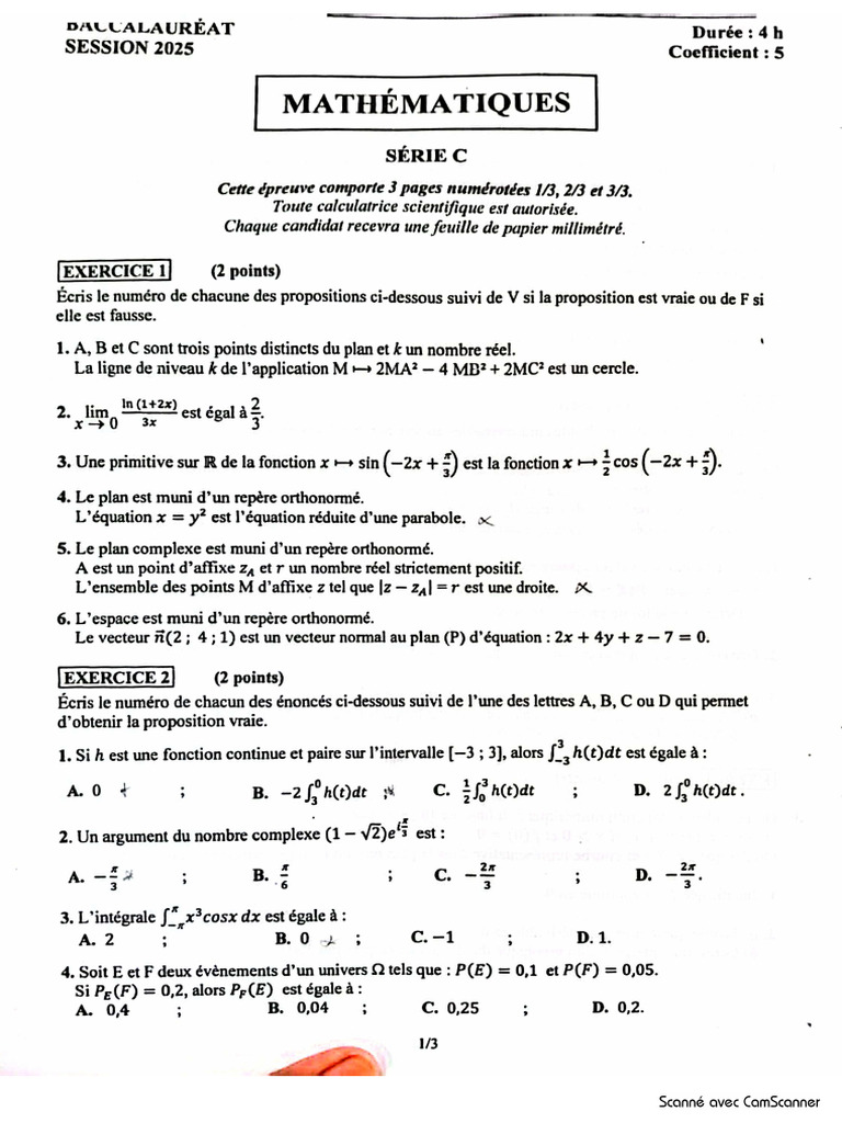 MATHS BAC C 2025-1 | PDF
