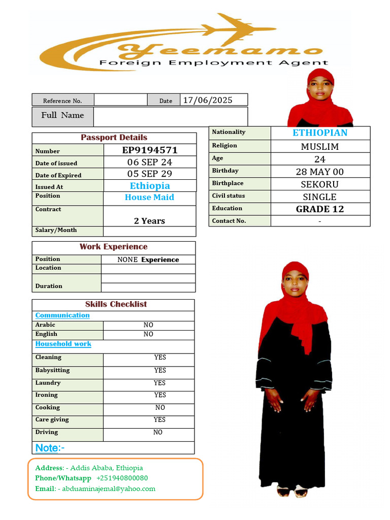 Nuredin Jemal: House Maid Profile | PDF