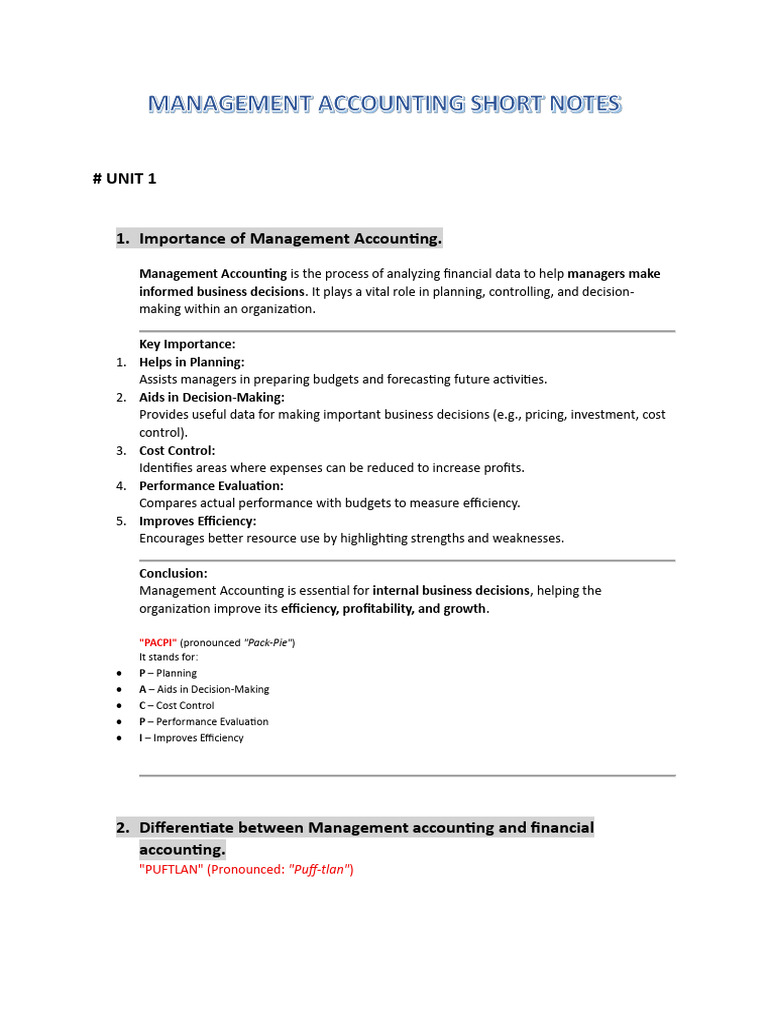 Management Accounting Short Notes | PDF | Audit | Expense