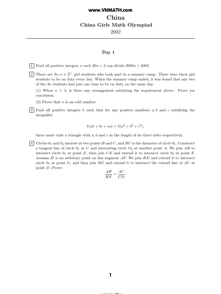 China Girls Math Olympiad | PDF | Triangle | Circle