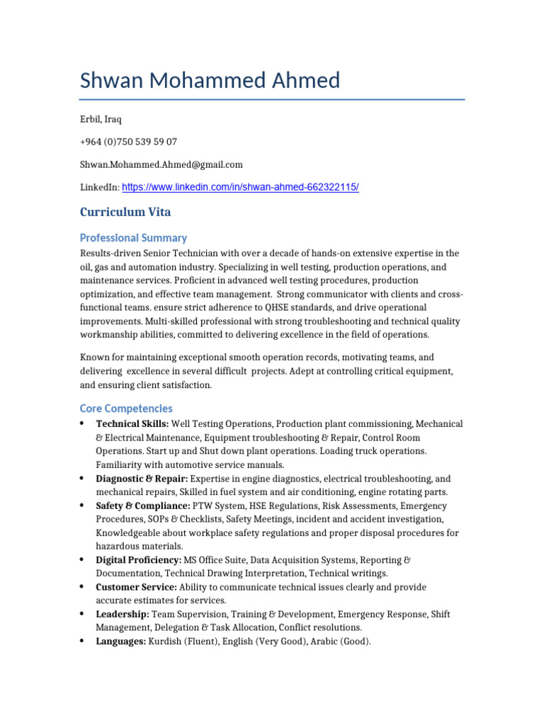 Shwan Mohammed - Automation Technician | PDF | Occupational Safety And ...