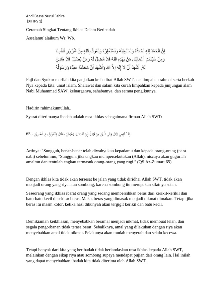 Ikhlas dalam Ibadah: Kunci Diterimanya Amal | PDF