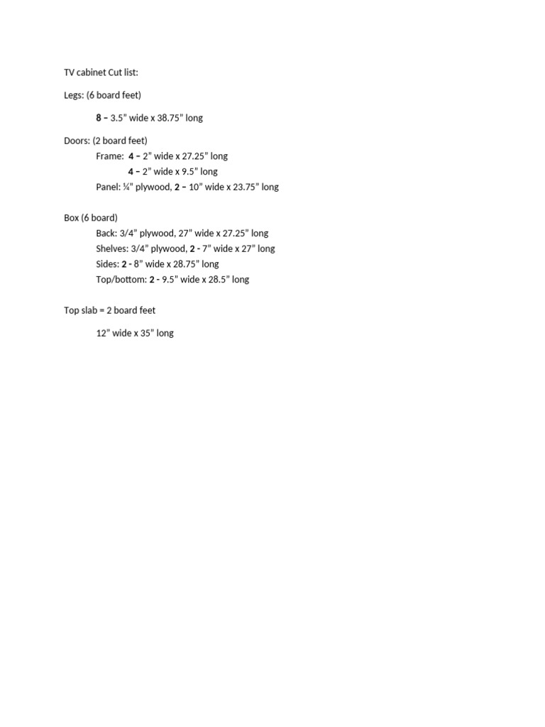 TV Cabinet Cut List | PDF