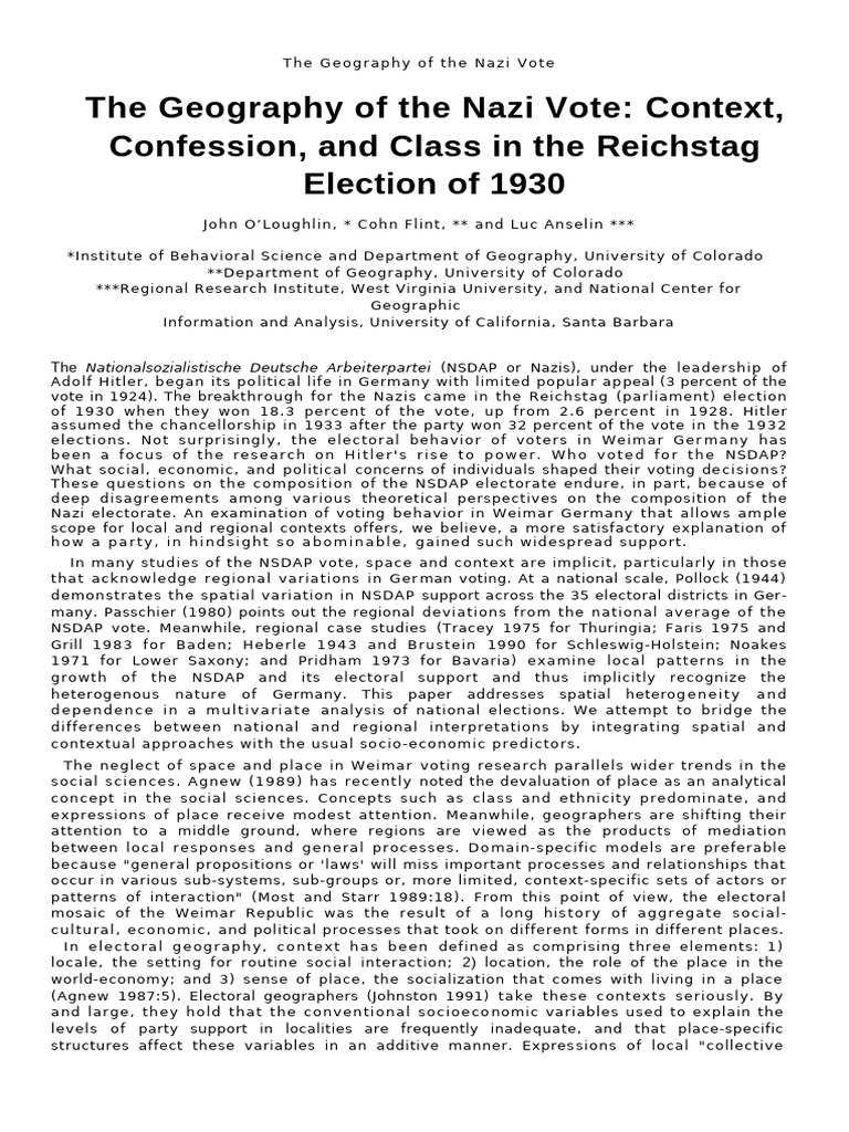 The Geography of The Nazi Vote - Context Confession and Class in The ...