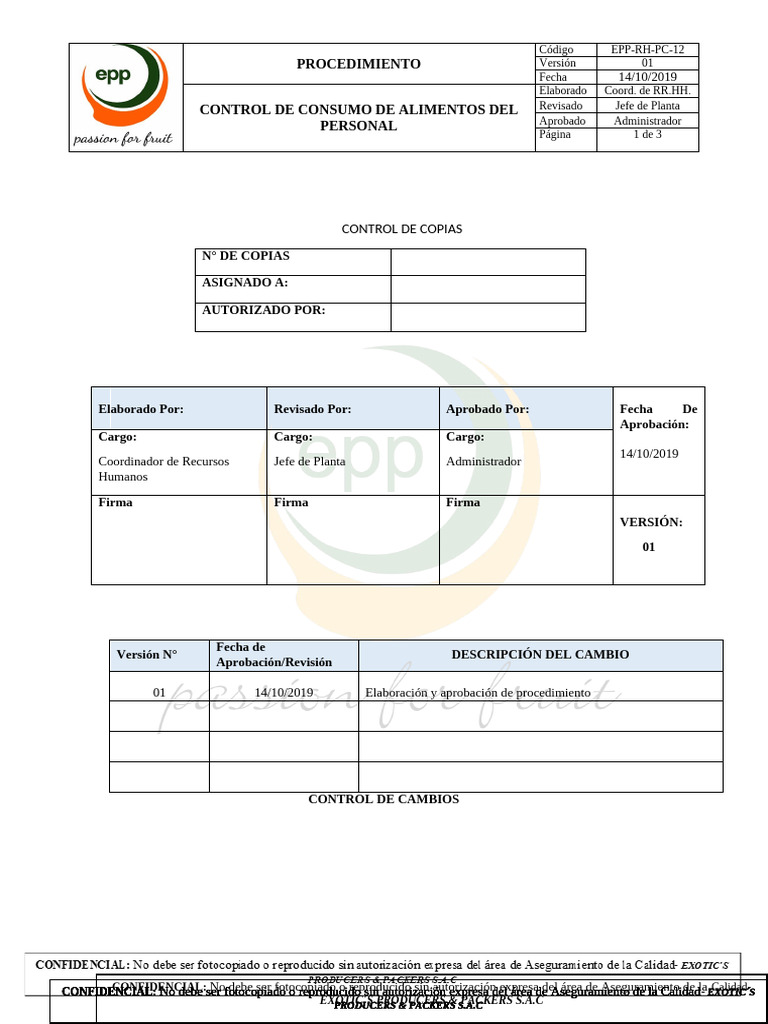 EPP-RH-PC-12. Procedimiento de Control de Consumo de Alimentos | PDF | Contador