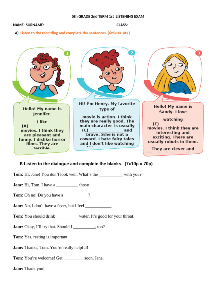 5th Grade 2nd Listening Exam | PDF