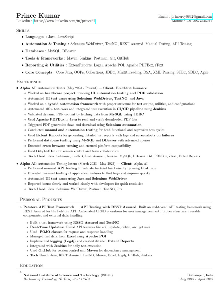 Prince Kumar Automation Tester 2yrexp Resume | PDF | Selenium (Software ...