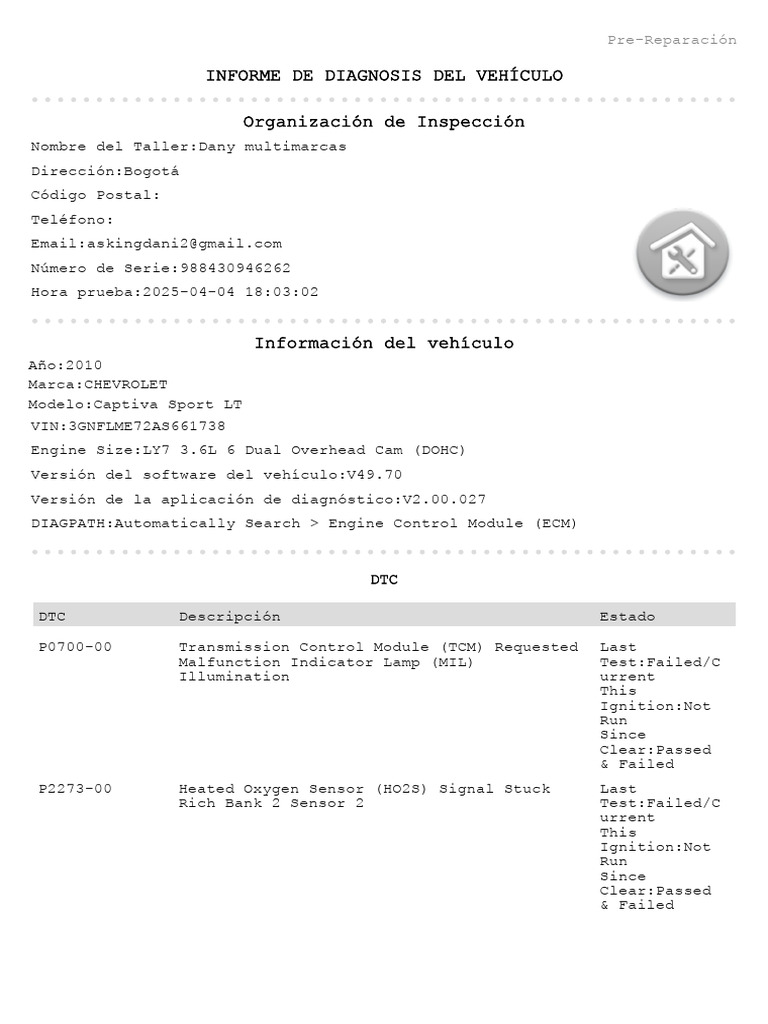 Captiva Sport LT Diagnostic Report | PDF | Automotive Technologies ...