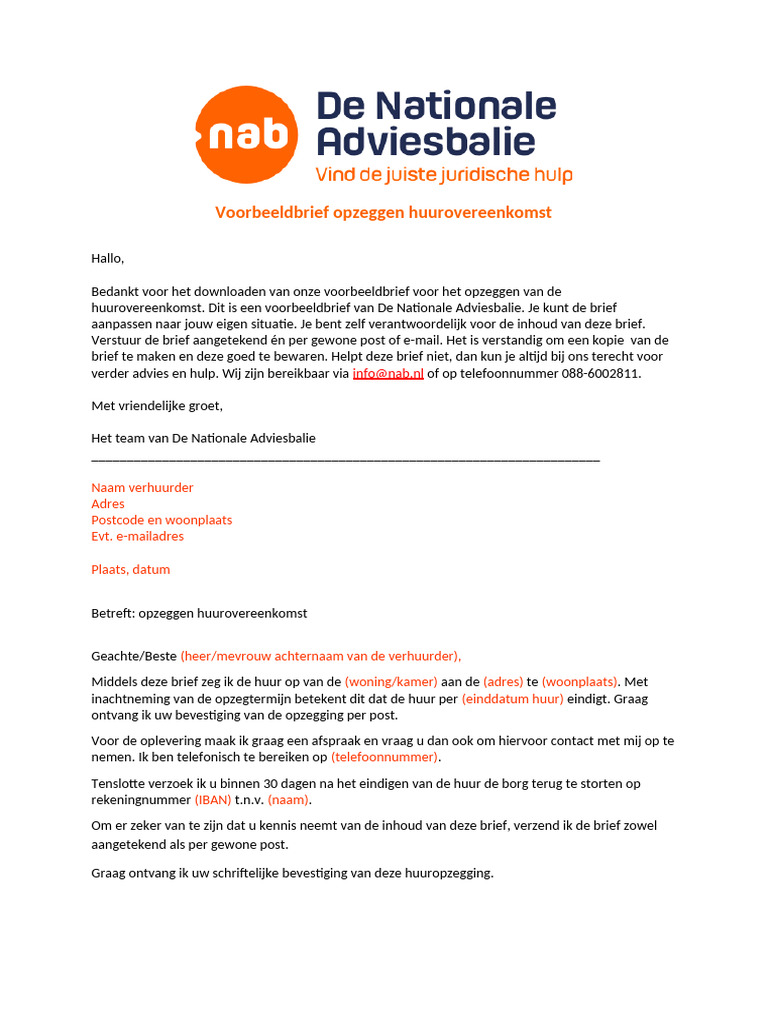 Voorbeeldbrief Opzeggen Huurovereenkomst | PDF