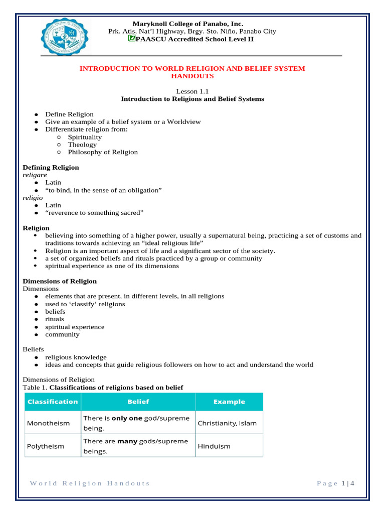 Intro To World Religion Handouts | PDF | Spirituality | Theology