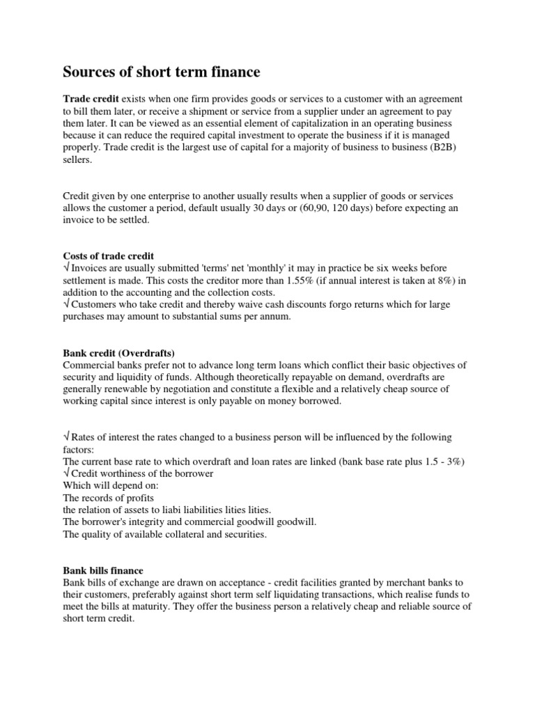 Short Term Financing Sources Explained | PDF | Factoring (Finance) | Credit
