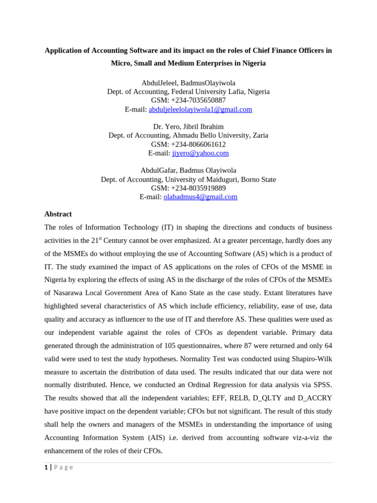 Accounting Software Applications On The Roles of Chief Finance Officers in Micro, Small and ...