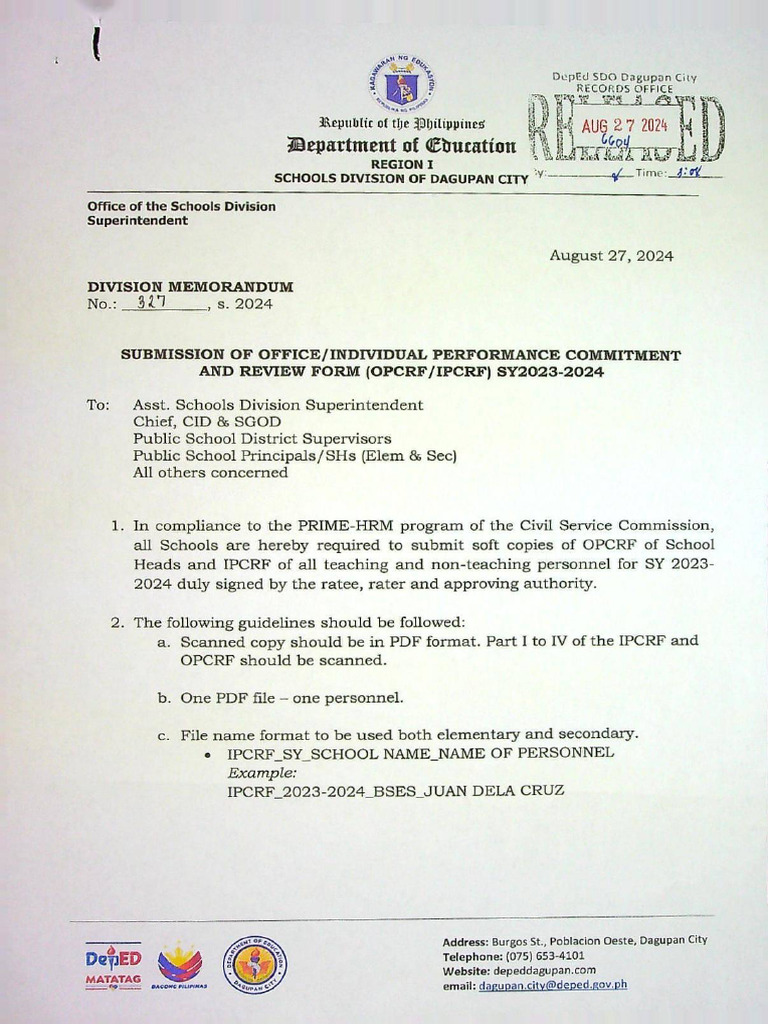 Div Memo No 327 s2024 Submission of Office Individual Performance ...