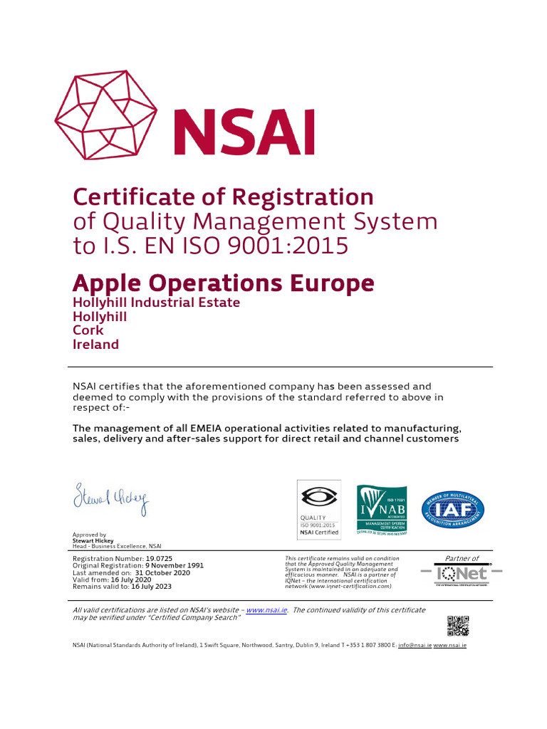 Apple Operations ISO 9001 Certification | PDF