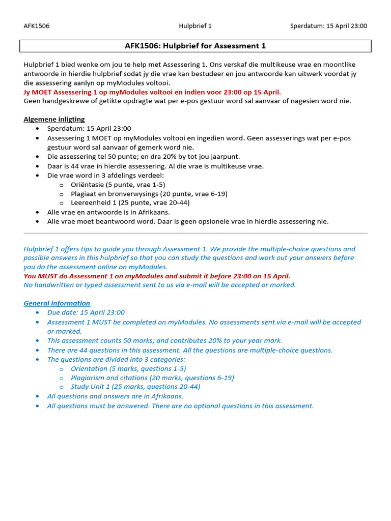2025 - AFK1506 - Ass1 - Hulpbrief 1 | PDF