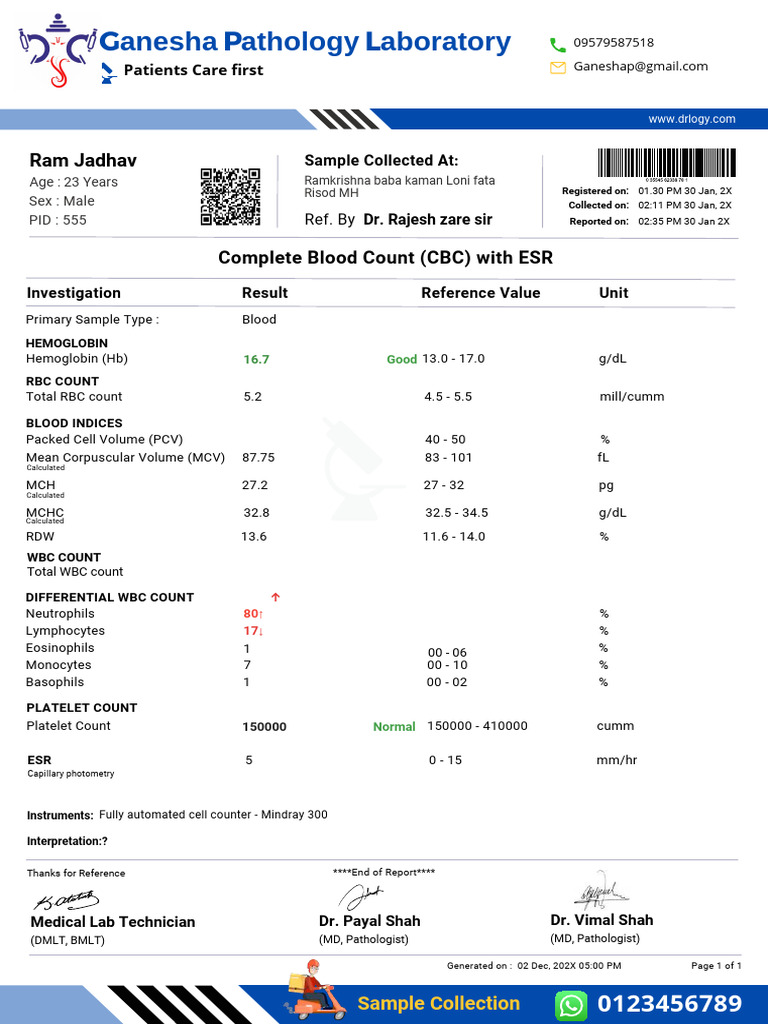 CBC With ESR Test Report Format Example Sample Template Drlogy Lab ...