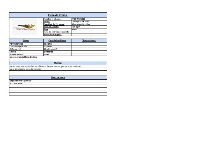 Ficha de Evento Kristy Mendoza .XLSX - Ficha de Evento | PDF