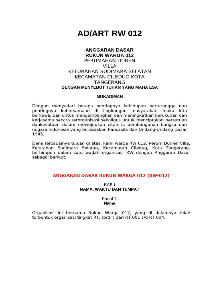 Anggaran Dasar Rukun Warga 012 | PDF