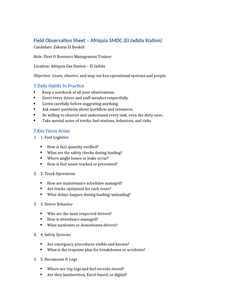 Field Observation Sheet Afriquia El Jadida Zakaria | PDF