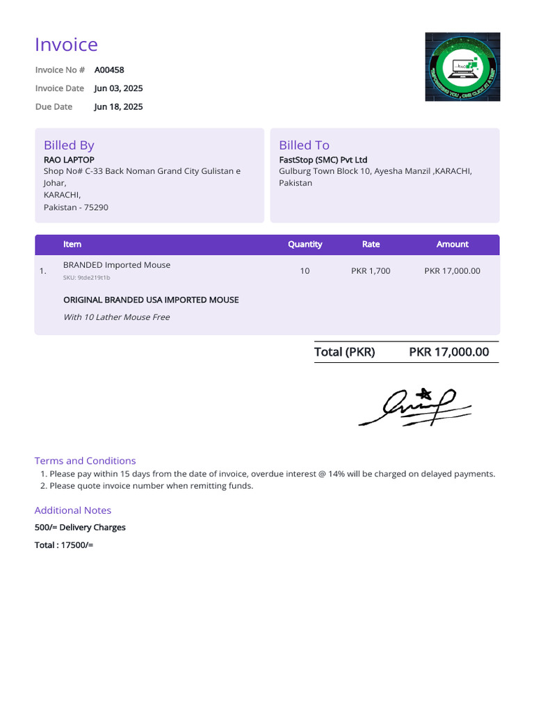 Invoice A00458 Rao Laptop Faststop SMC PVT LTD | PDF