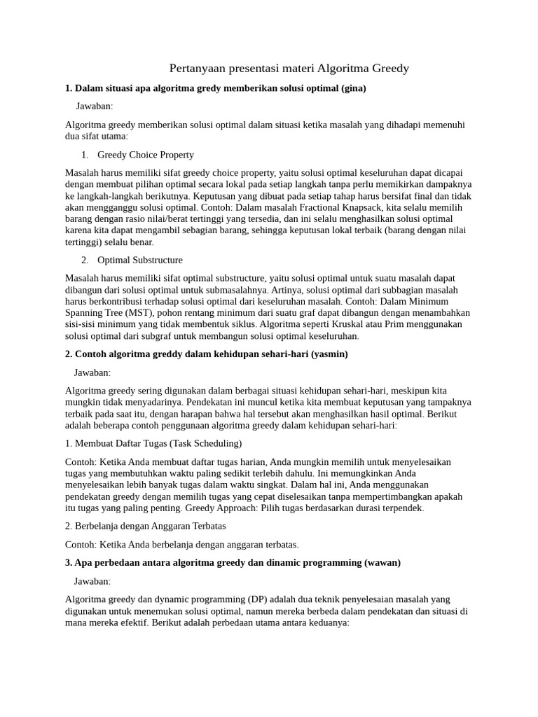 Pertanyaan Presentasi Materi Algoritma Greedy | PDF