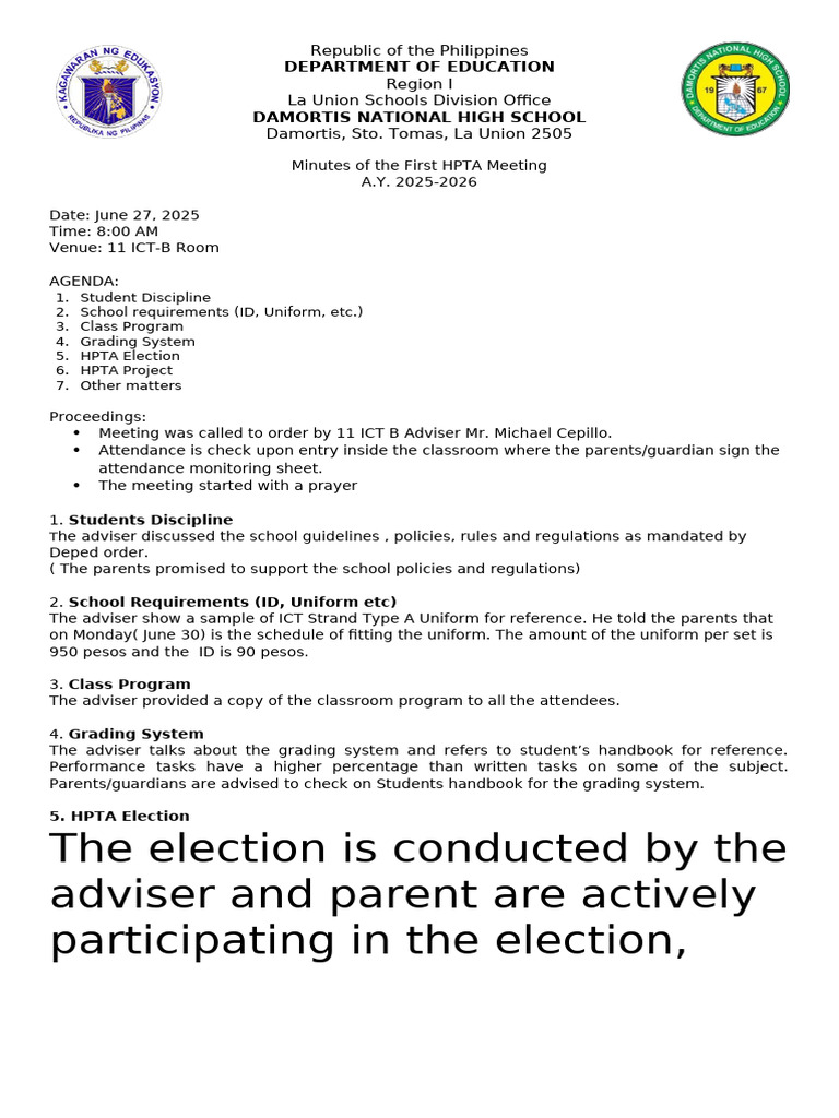 Minutes of First HPTA Meeting 2025 | PDF